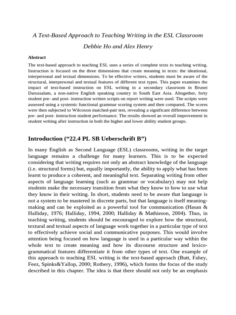 A Text-Based Approach To Teaching Writing in The ESL Classroom Debbie ...