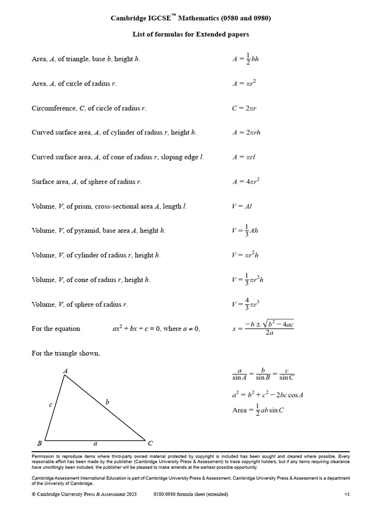 0580_Formula_sheet_for_Extended_papers | PDF