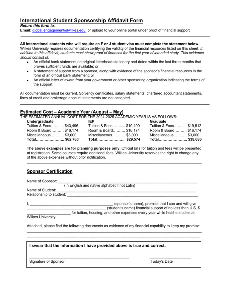 International Student Sponsorship Affidavit Form | PDF