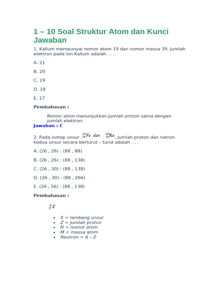 1 – 10 Soal Struktur Atom dan Kunci Jawaban | PDF