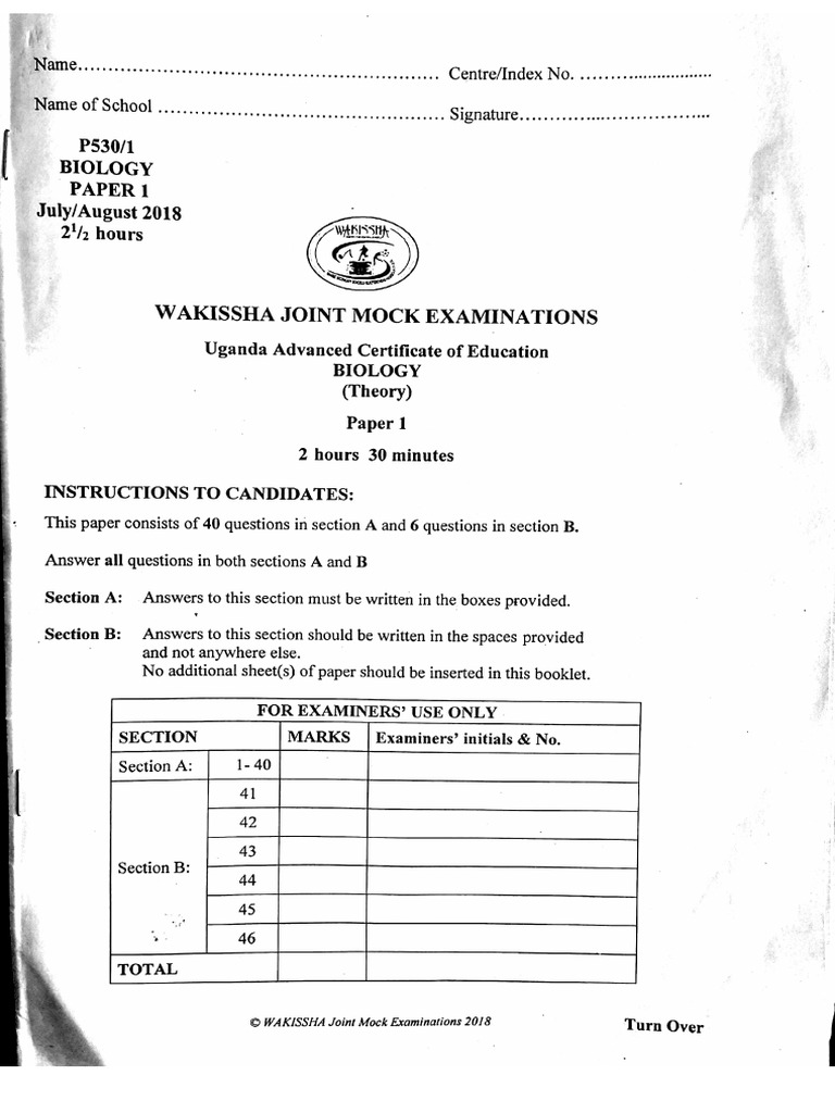 Biology (Theory) Paper Uace Wakissha Joint Mock Examinations | PDF