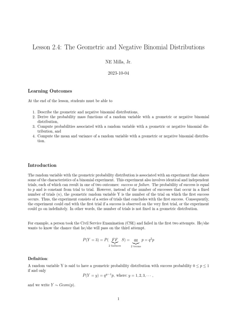 Lesson 2.4 The Geometric and Negative Binomial Distributions | PDF