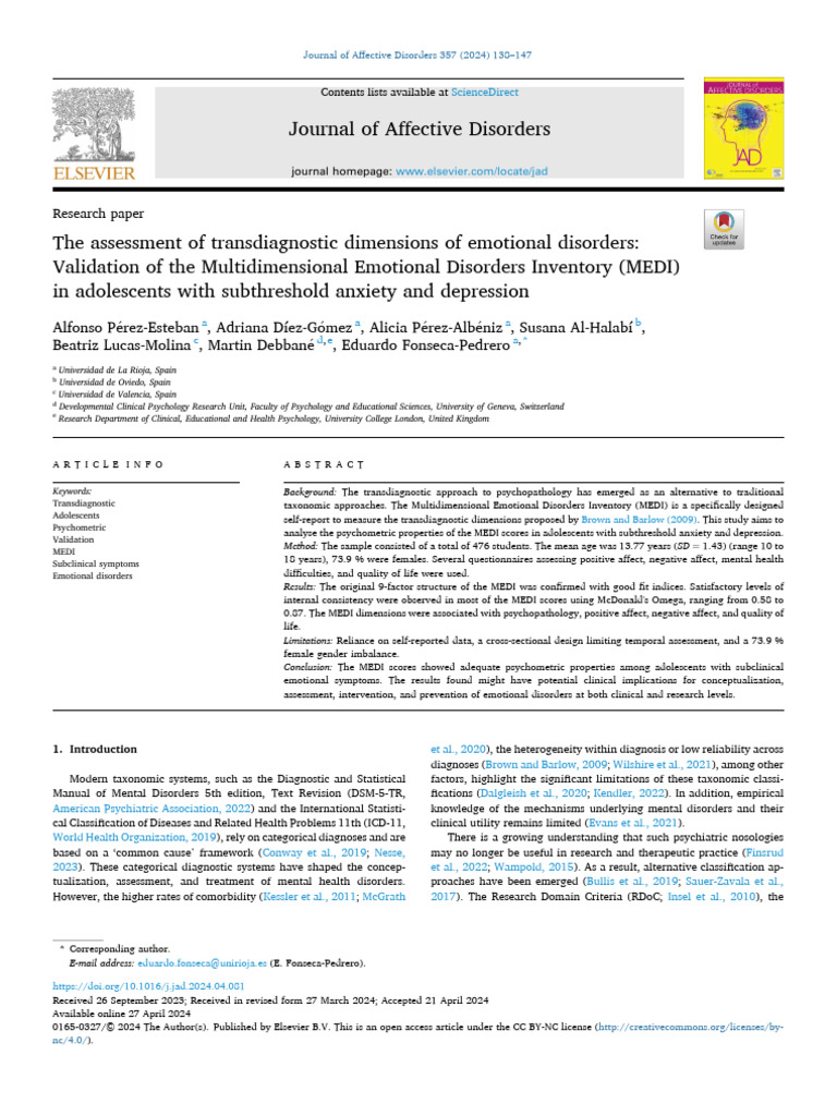 Validation of The Multidimensional Emotional Disorders Inventory (MEDI) | PDF