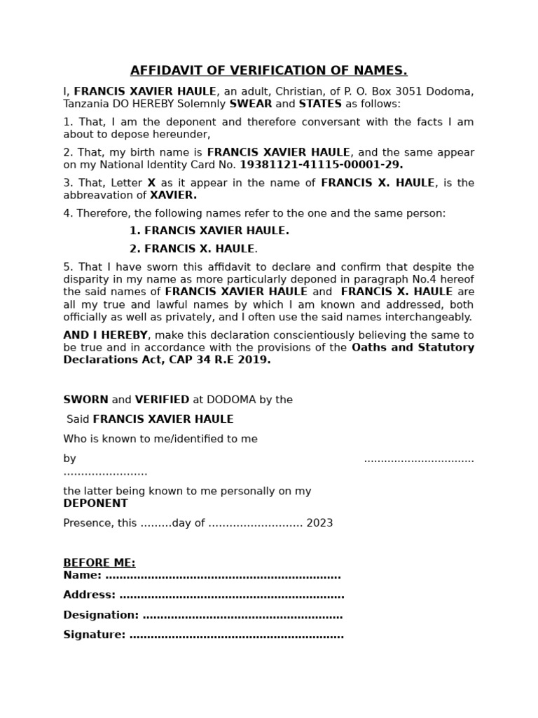 AFFIDAVIT OF VERIFICATION OF NAMES Revocatu NEWW | PDF