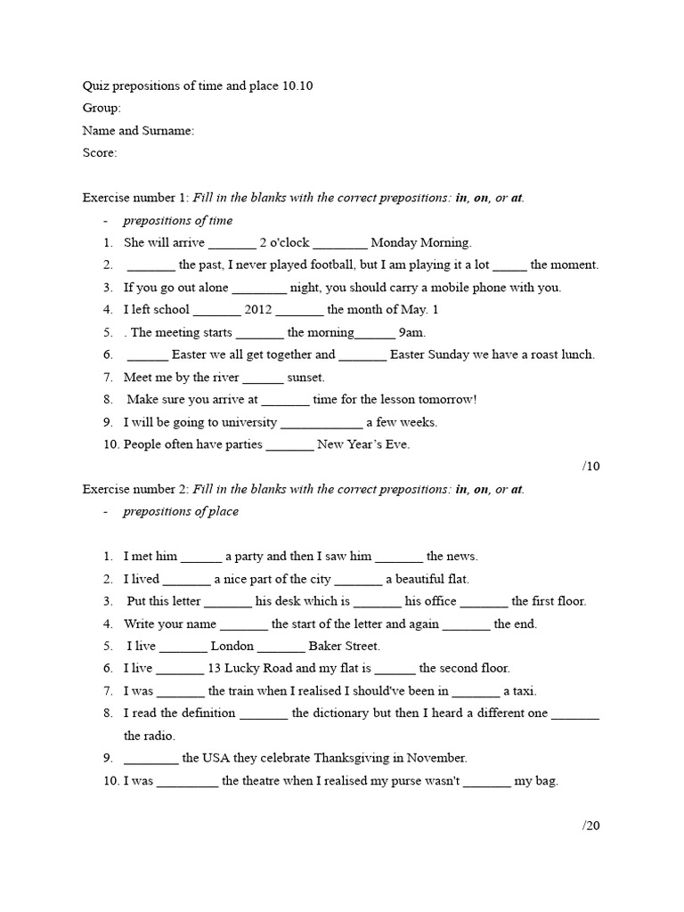 Quiz Prepositions of Time and Place | PDF