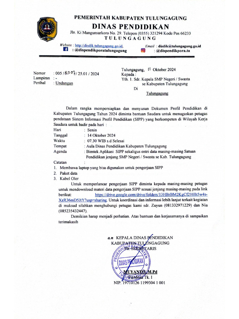 Undangan Bimtek Sipp SMP | PDF