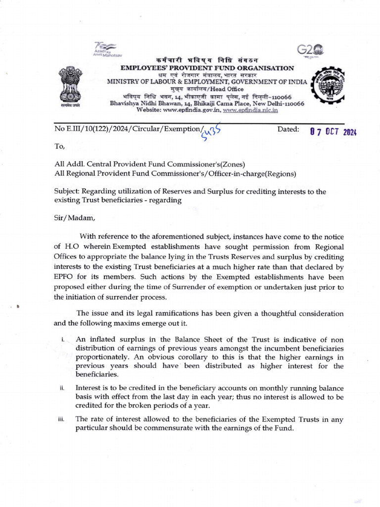 EPFO Circular On Reserves and Surplus 1728718203 | PDF