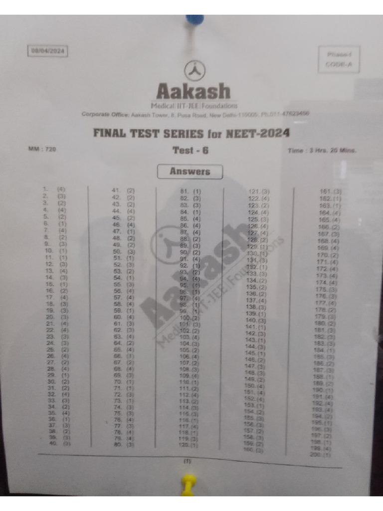 Aakash FTS-06 Ans Key 08-04-24 @neet - Aits - 2024 | PDF