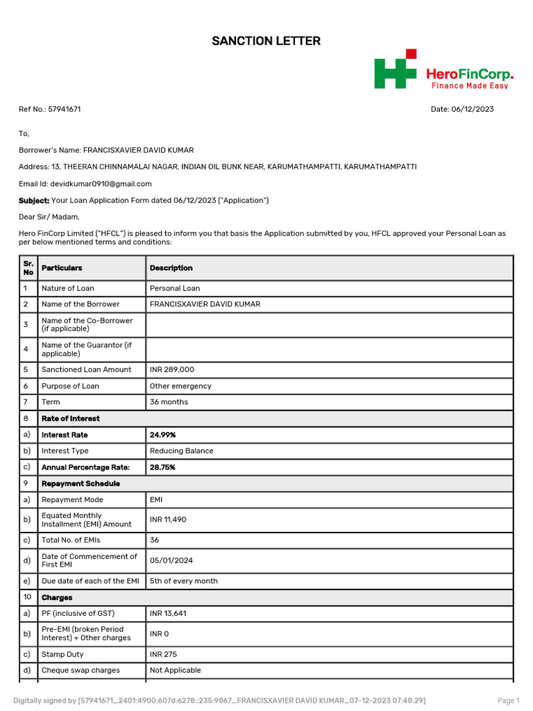 Sanction Letter | PDF | Loans | Interest