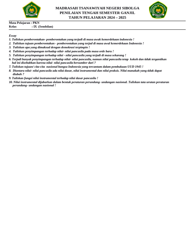 Soal UTS PPKN 9 | PDF