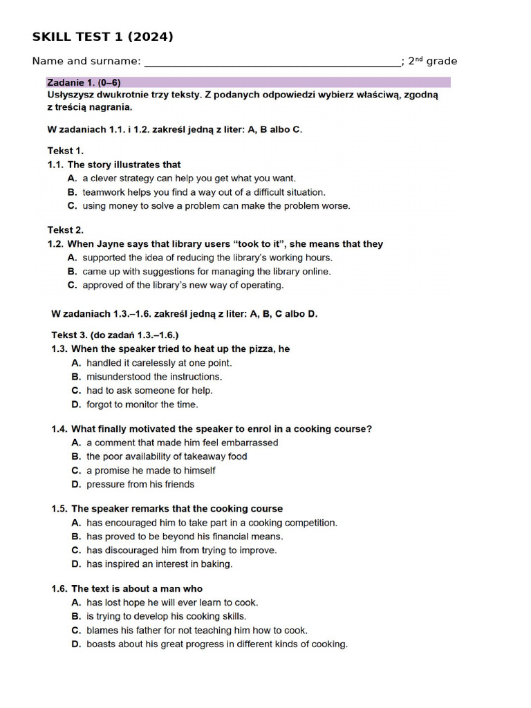 Klasa 2 BIG SKILL TEST 1 | PDF
