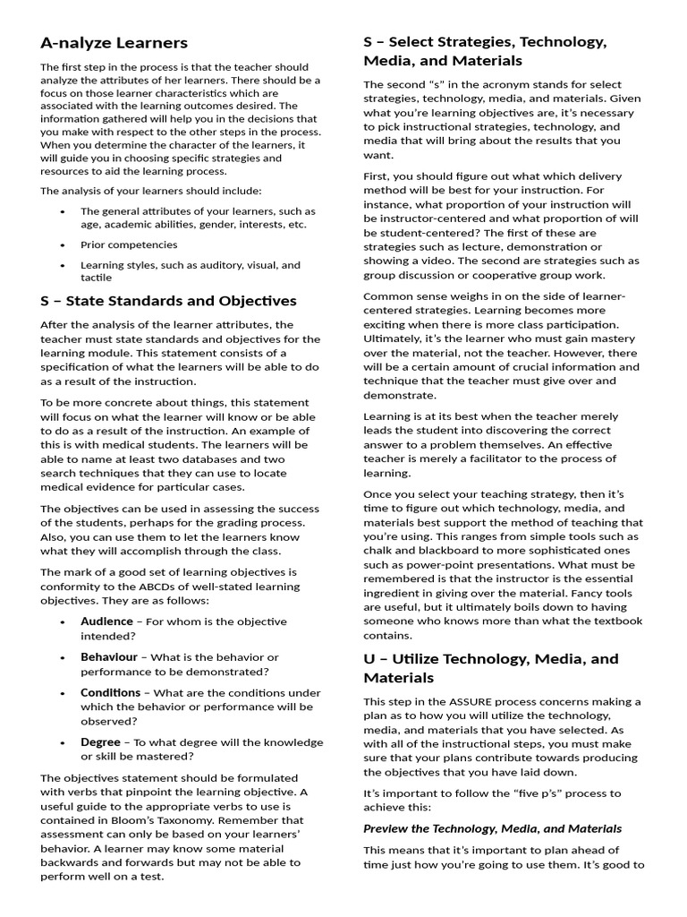 A-Nalyze Learners: S - Select Strategies, Technology, Media, and ...
