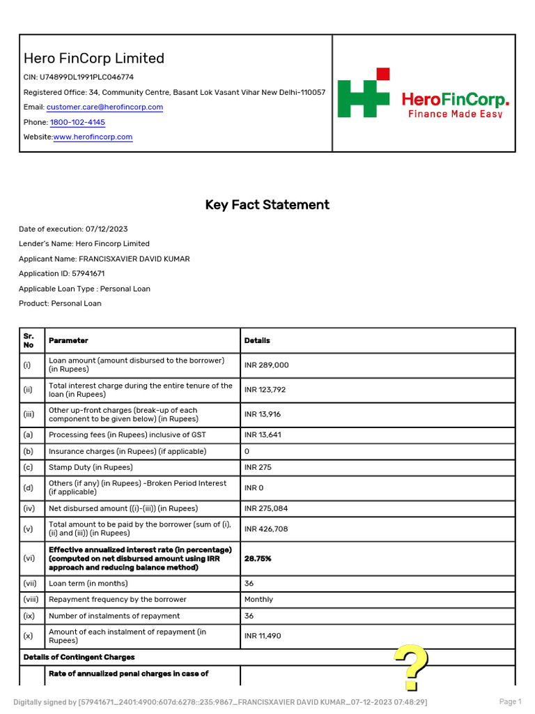 Hero Fin Corp Loan Agreement | PDF | Loans | Interest