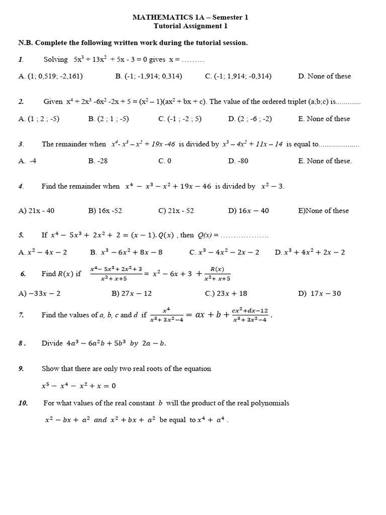 Tutorial 1 - Polynomial Division | PDF