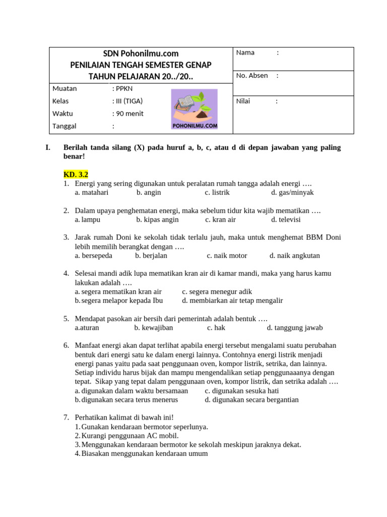 Soal PTS 2 PPKN Kelas 3 K13 | PDF