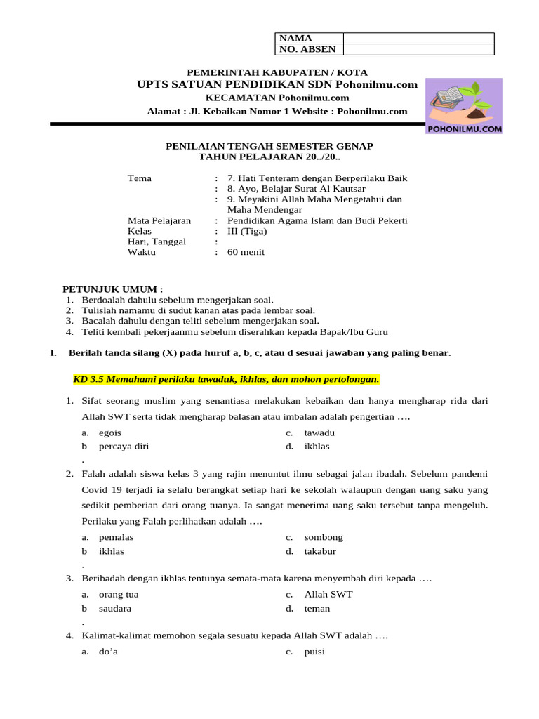Soal PTS 2 PAI Dan BP Kelas 3 | PDF