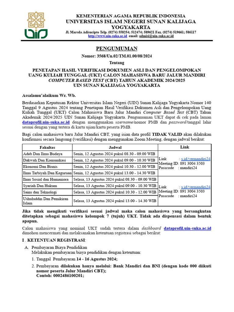 100 20240810 Pengumuman UKT PMB Mandiri CBT 2024-Signed | PDF