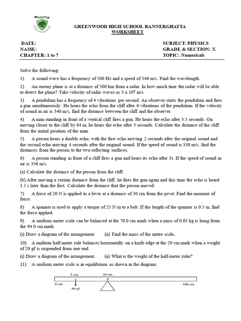 GR 10 Physics Numericals Worksheet | PDF | Lever | Sound