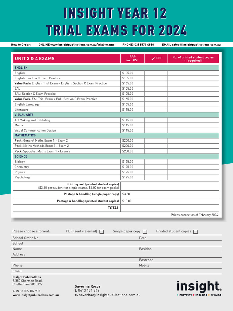 2024 Insight Trial Exam Order Form Feb2024 | PDF | Science