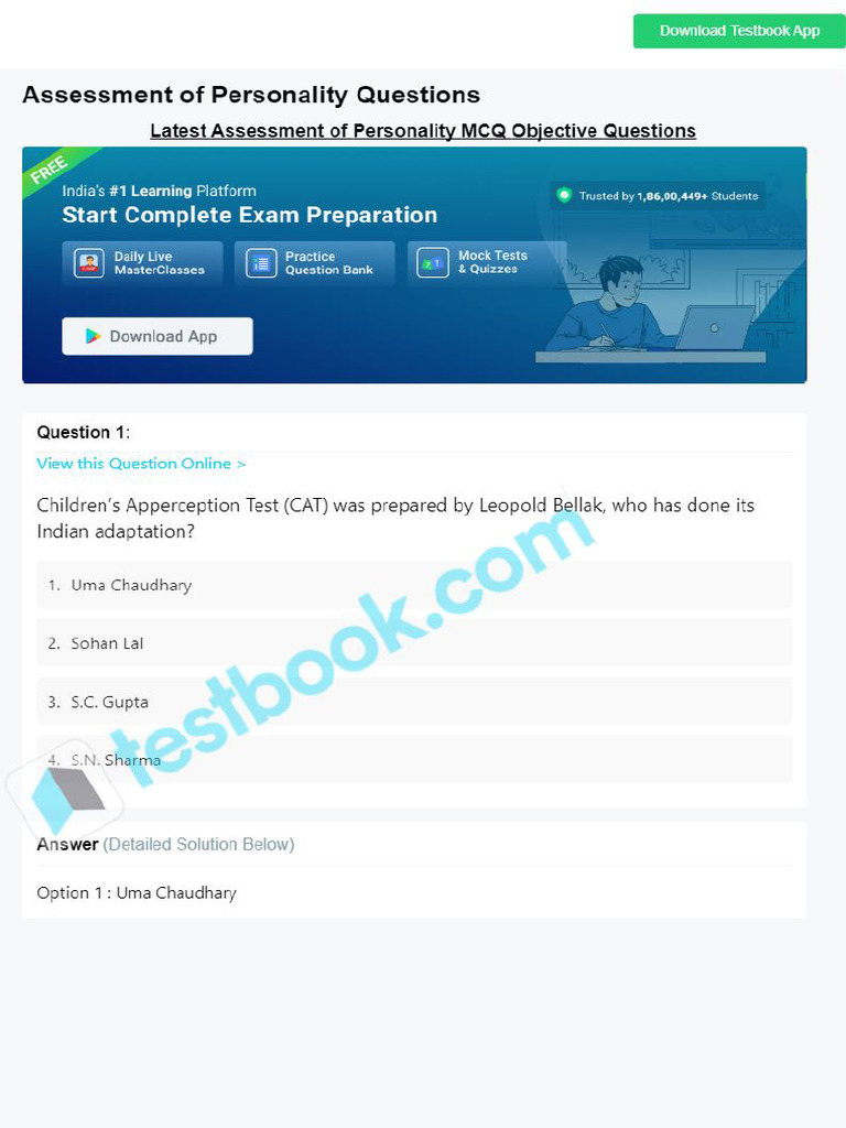 MCQ On Assessment of Personality 620bc1f566d7458879730b75 | PDF