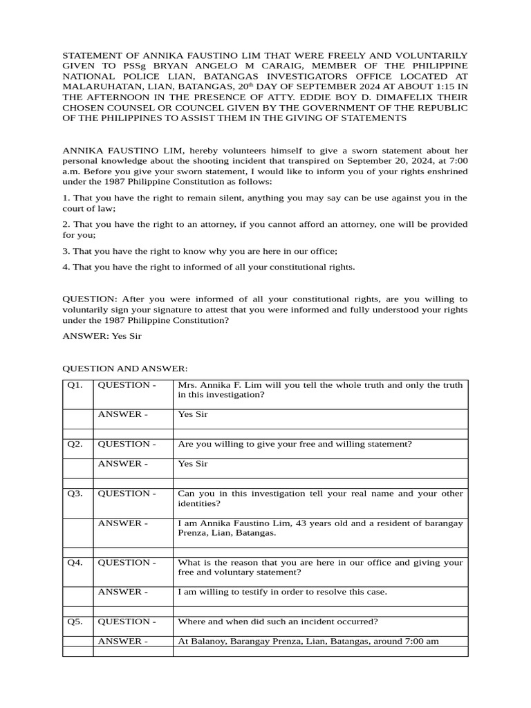 Sworn Statement of The Witness Annika Faustino Lim. Ass CDI 106 | PDF