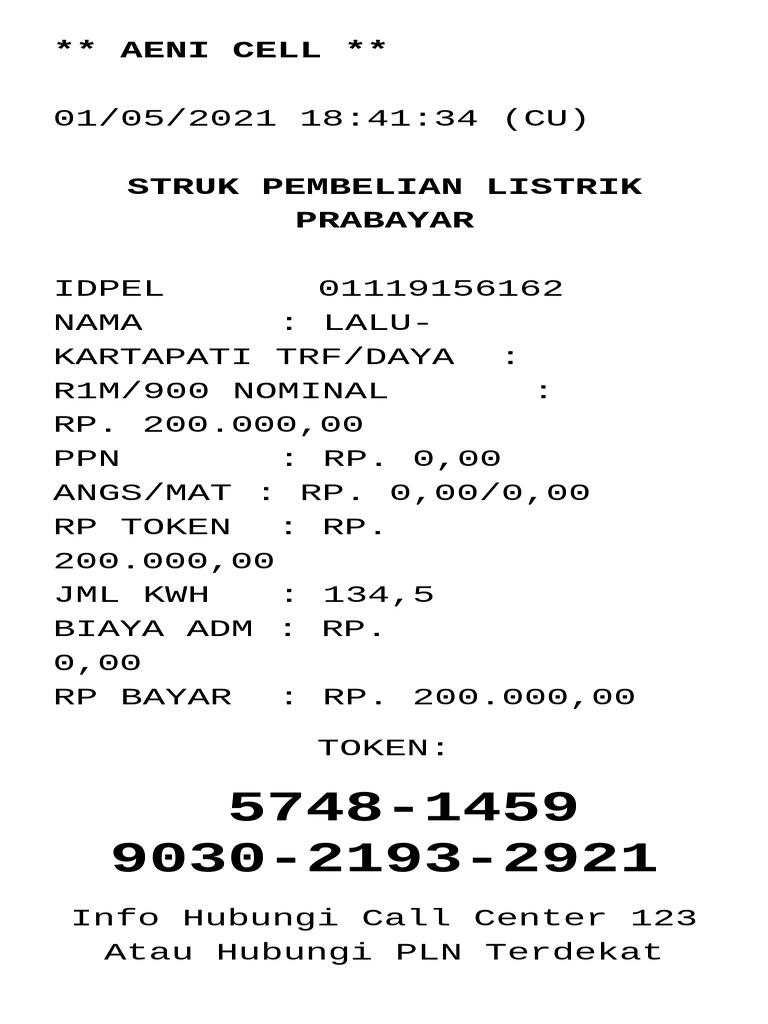Contoh Struk Token Listrik | PDF