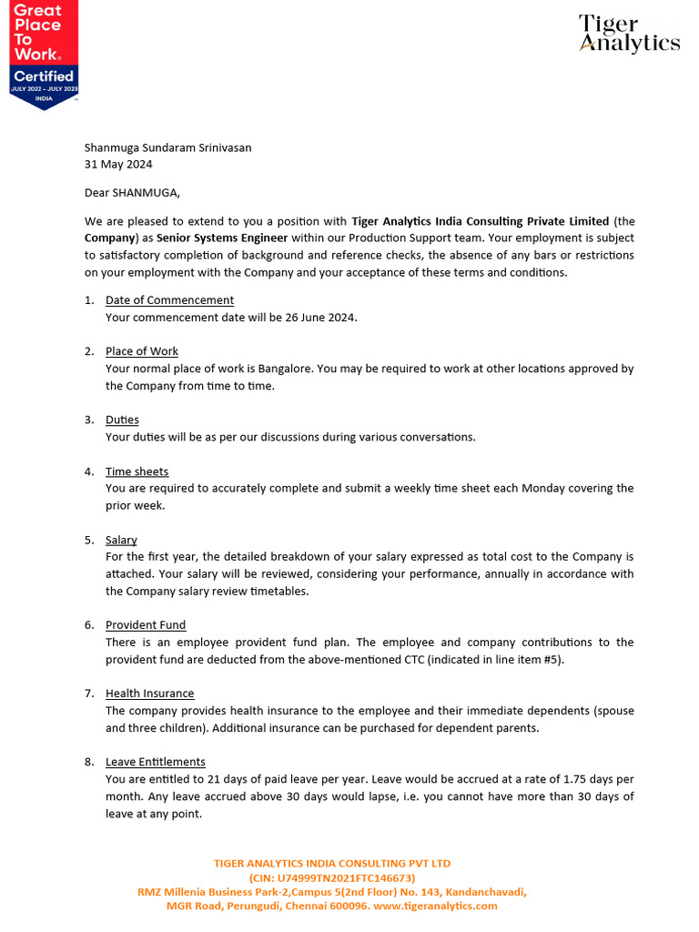 SHANMUGA SUNDARAM S-OfferLetter | PDF | Salary | Insurance