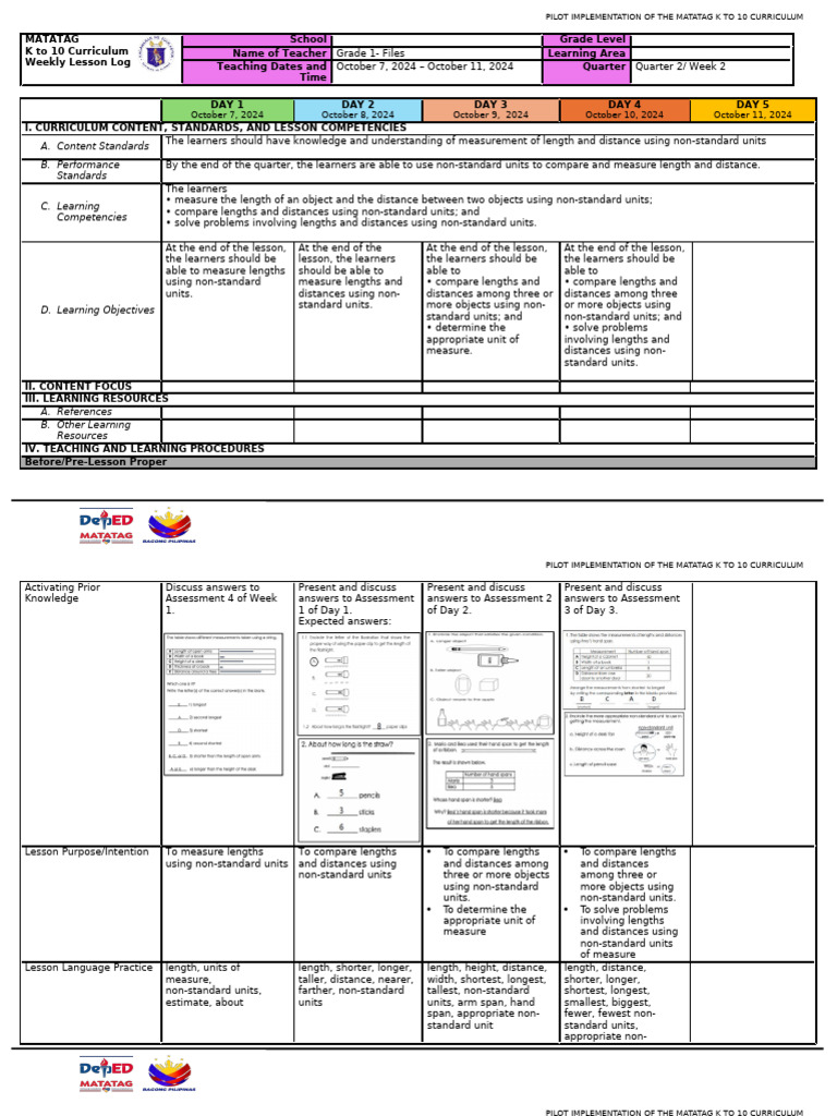 G1-Q2-DLL-WEEK 2-Math | PDF | Educational Assessment | Length