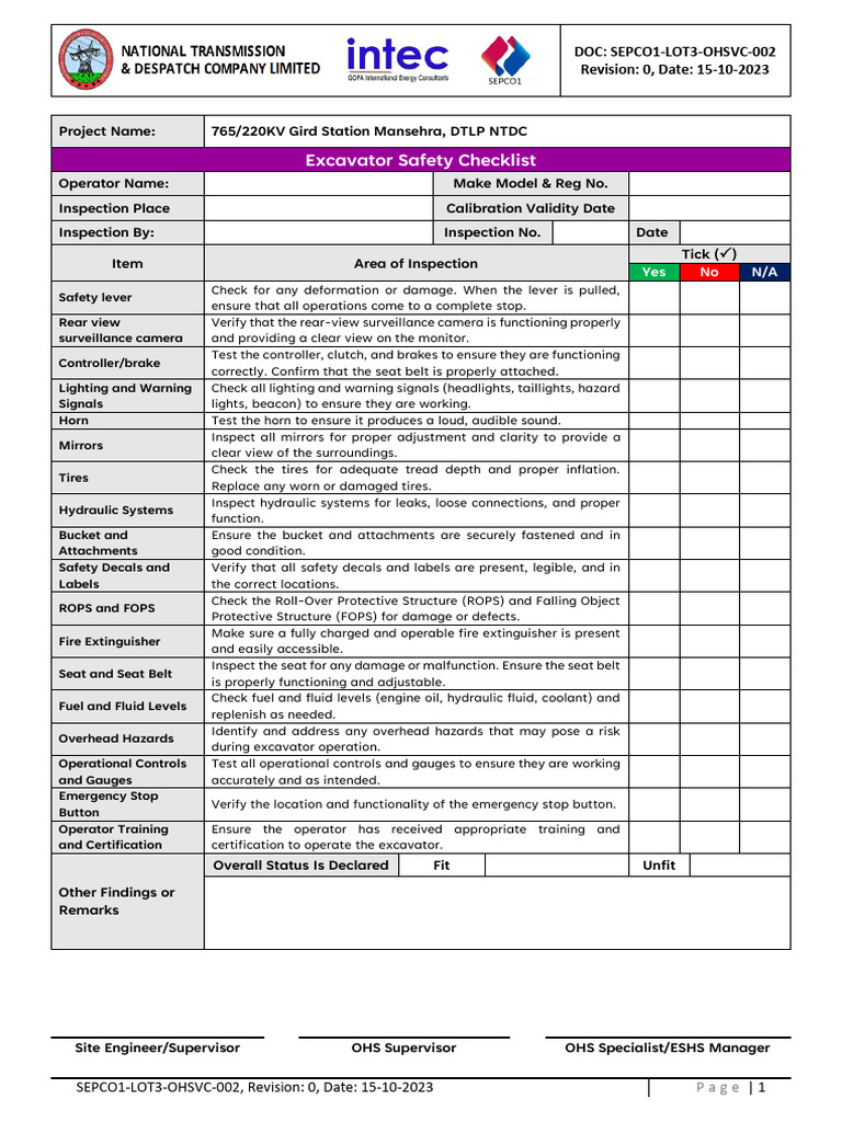 Excavator Safety Inspection Checklist | PDF | Tire | Technology ...