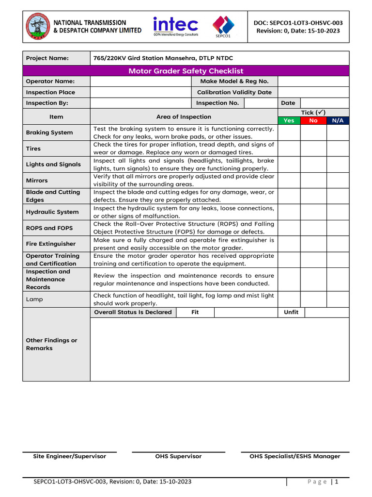 OHSVC003-Motor Grader Safety Checklist | PDF