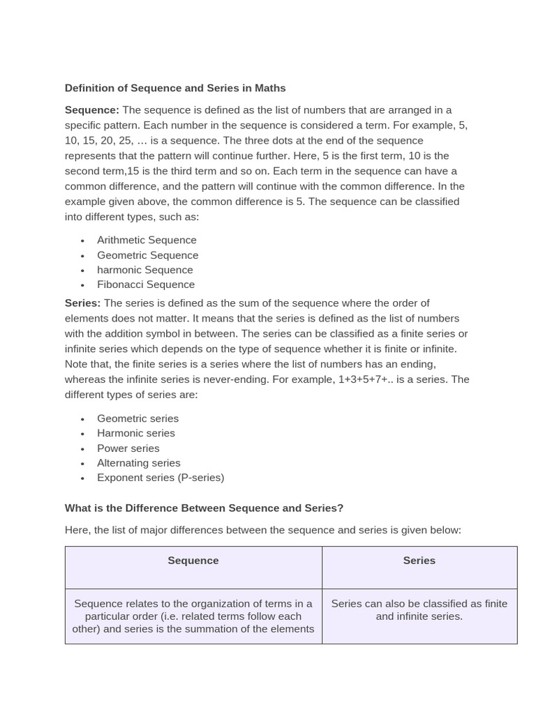 Definition of Sequence and Series in Maths | PDF