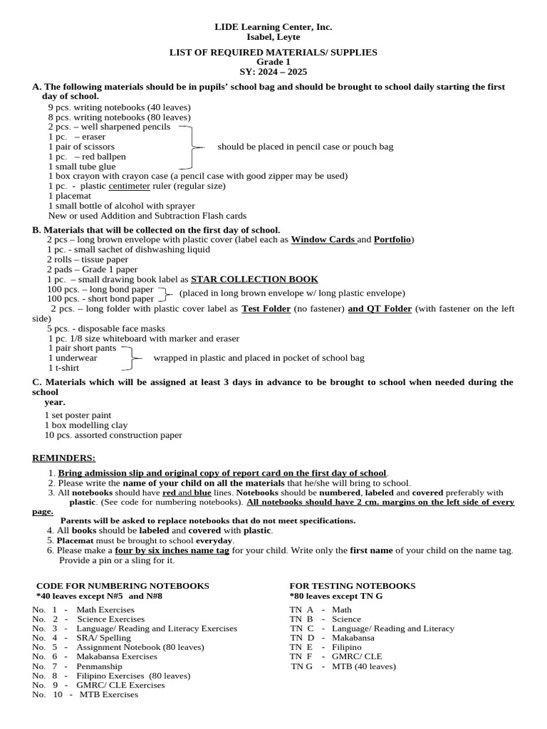 Grade1 Requirements | PDF