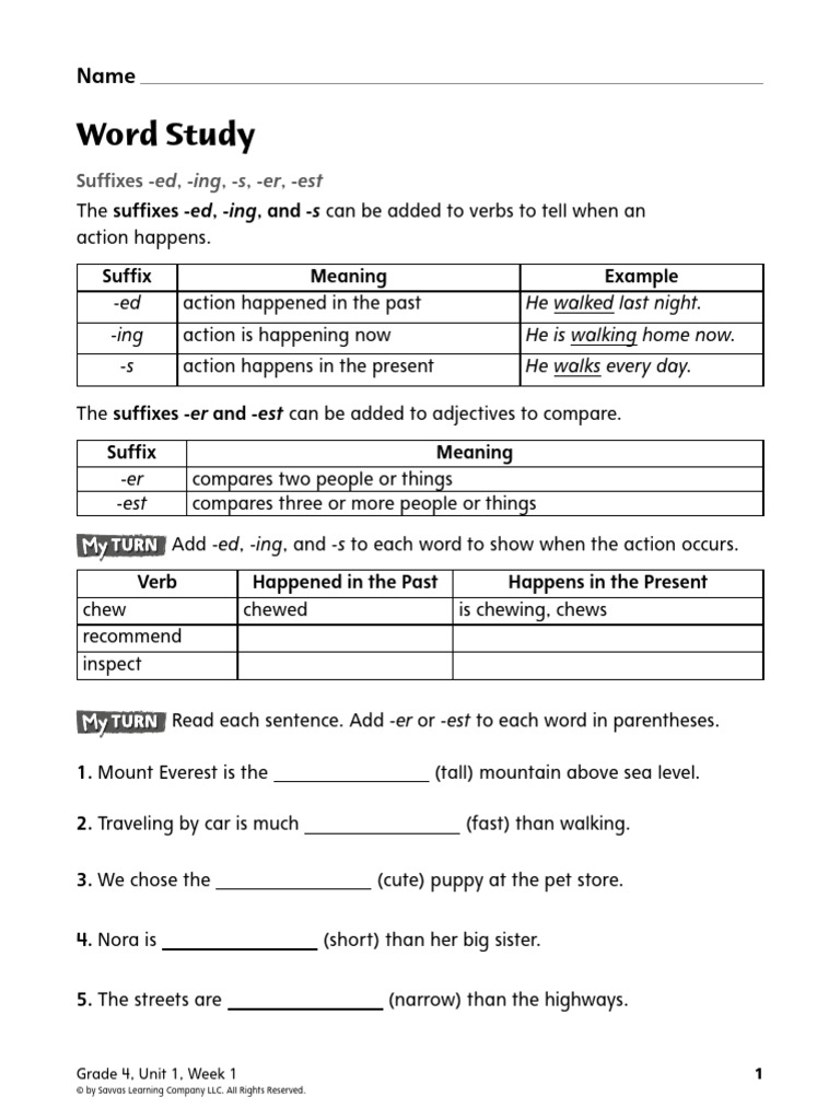 Word Study: Suffixes - Ed, - Ing, - S, - Er, - Est | PDF