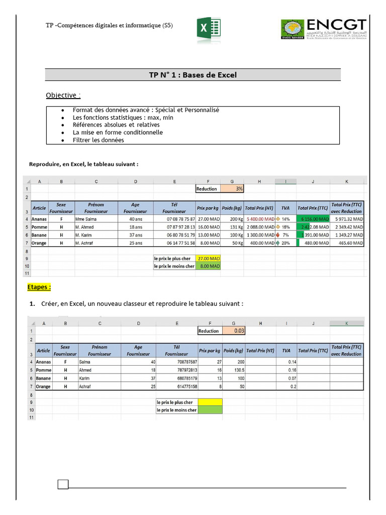 Excel TP1 Rappel | PDF