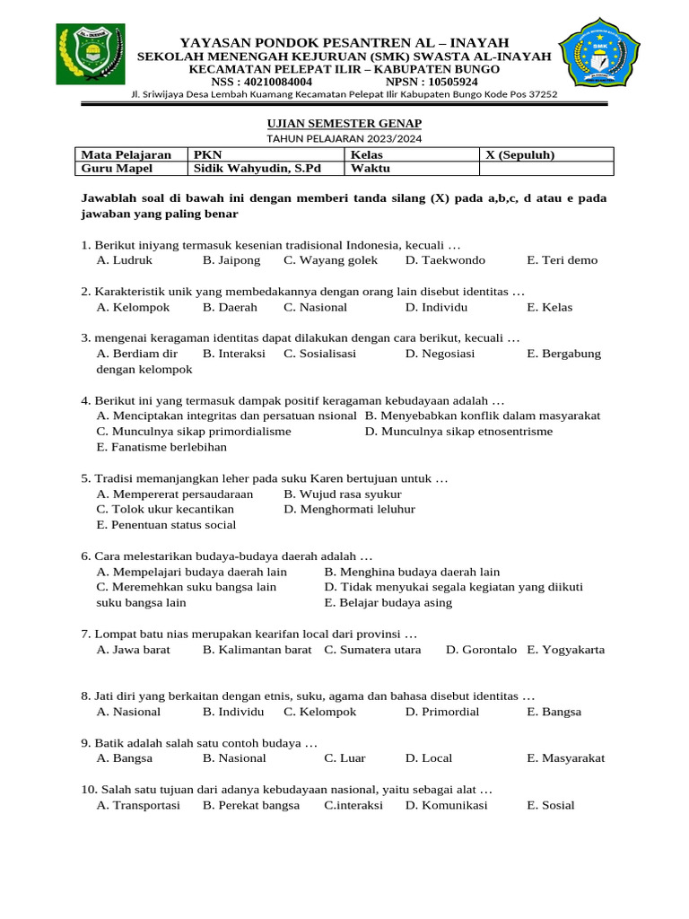 Soal Uas PKN Kls X Genap 2024 | PDF