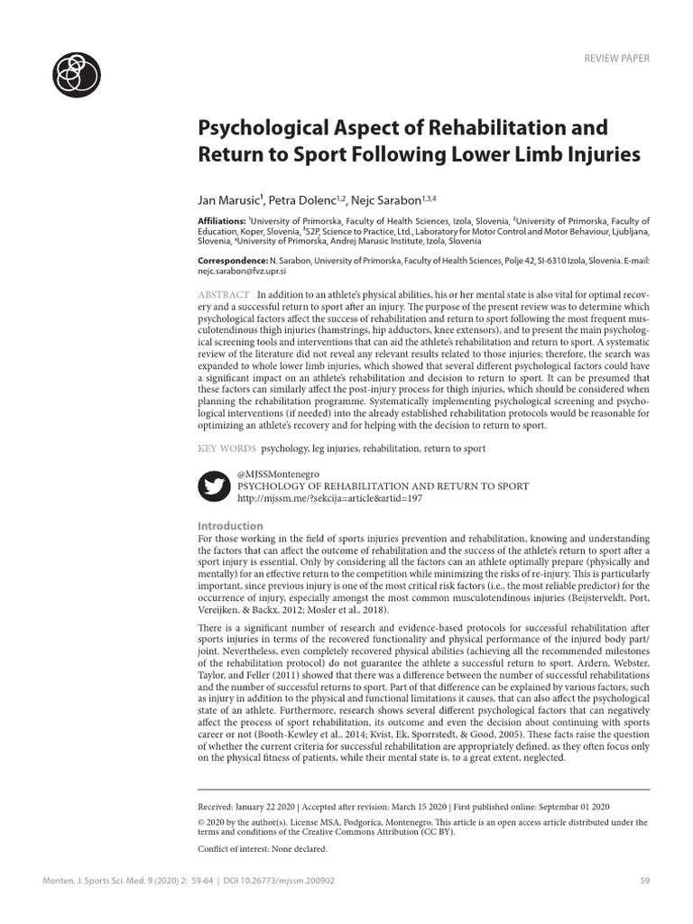 Psychological Aspect of Rehabilitation and Return To Sport Following ...