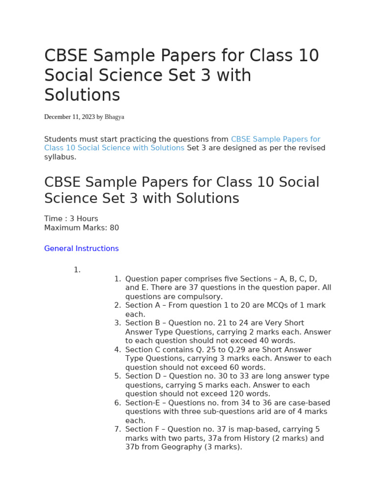 CBSE Sample Papers For Class 10 Social Science Set 3 With Solutions | PDF
