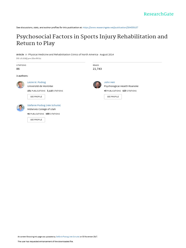 Psychosocial Factors in Sports Injury Rehabilitation and Return To Play ...