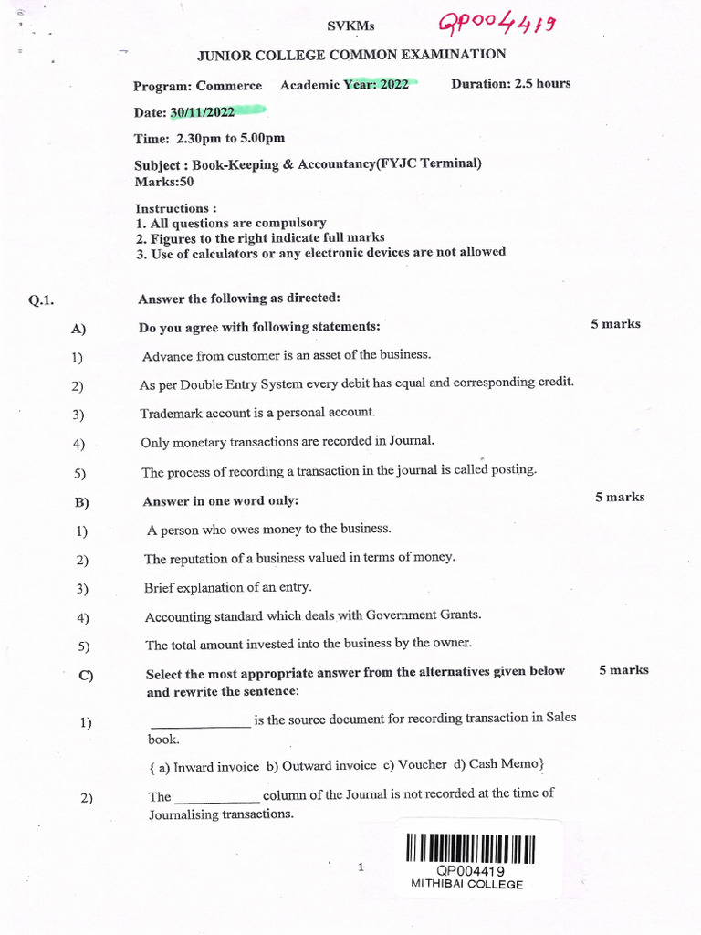 FYJC Commerce Common Examination Ist Terminal Oct 2022 QP004419 | PDF