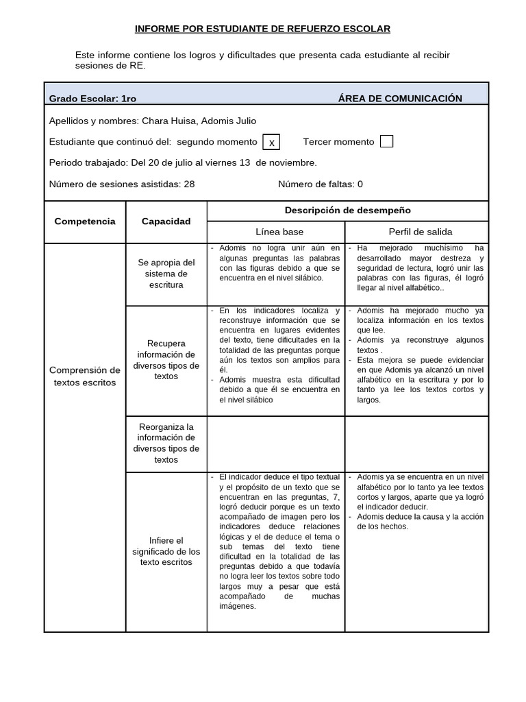 INFORME POR ESTUDIANTE DE REFUERZO ESCOLAR | PDF