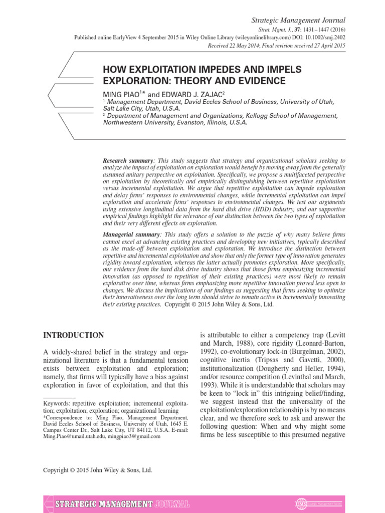 How Exploitation Impedes and Impels Exploration: Theory and Evidence | PDF