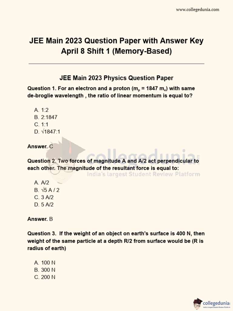 JEE Main 2023 Question Paper April 8 Shift 1 Phase 2 | PDF