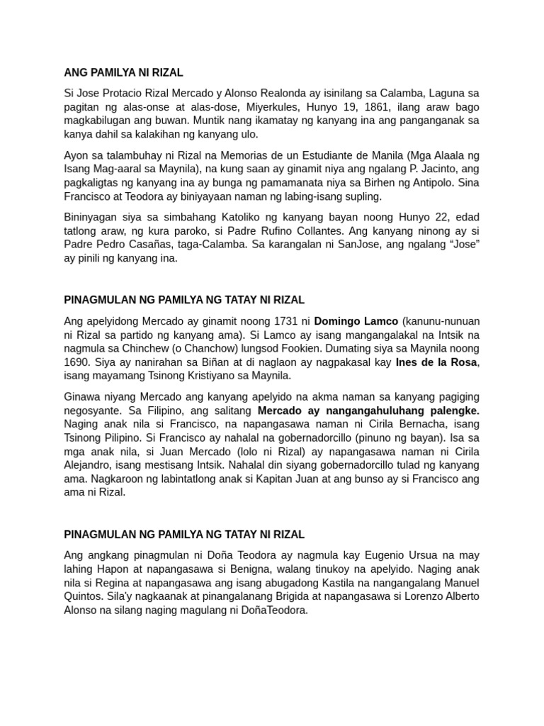 Ang Pamilya Ni Rizal | PDF