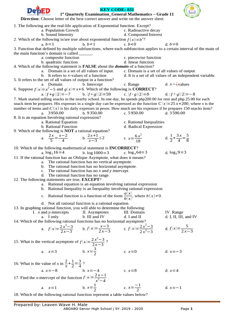831 2019 2020 1st Quarterly Examination Gen - Math | PDF