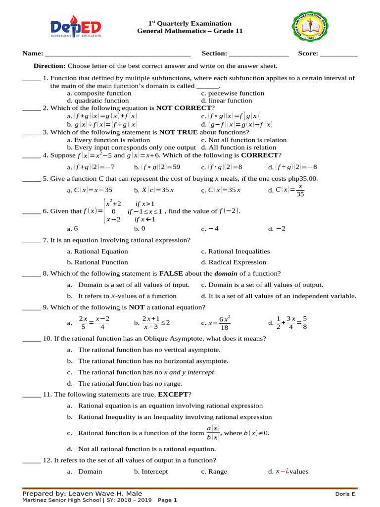1st Quarterly Examination Gen - Math | PDF