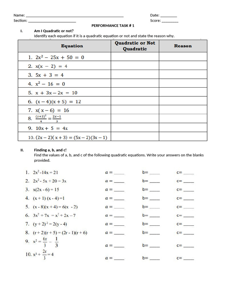 Quadratic Equation Performance Task | PDF