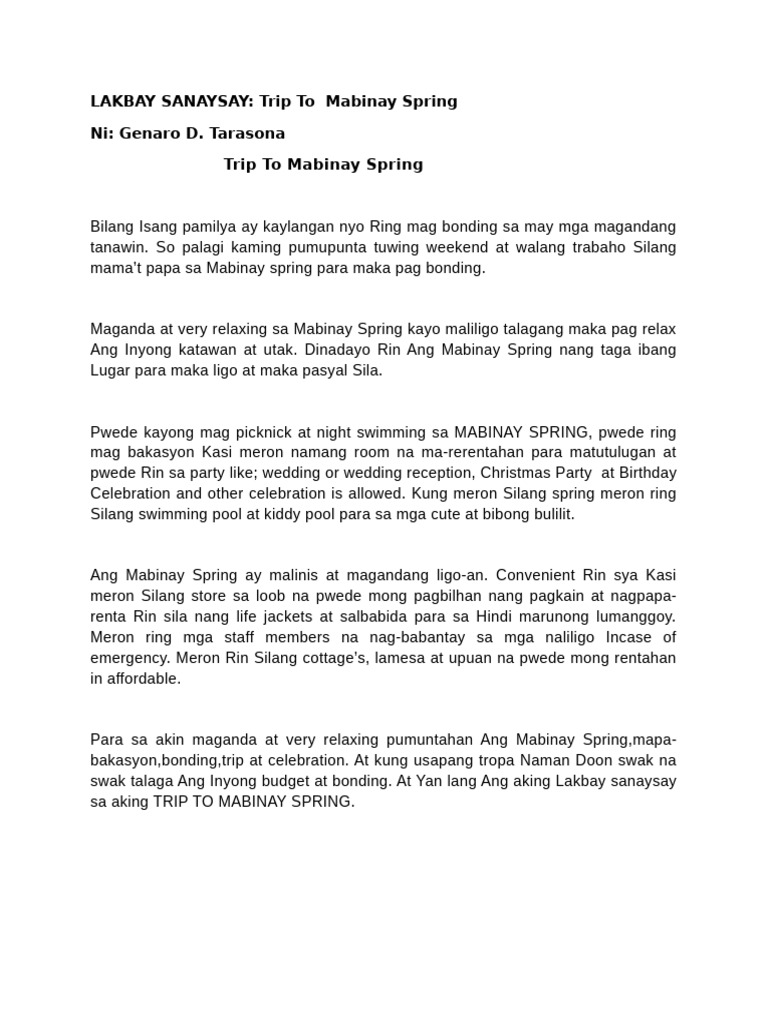 Lakbay Sanaysay Trip To Mabinay Spring | PDF