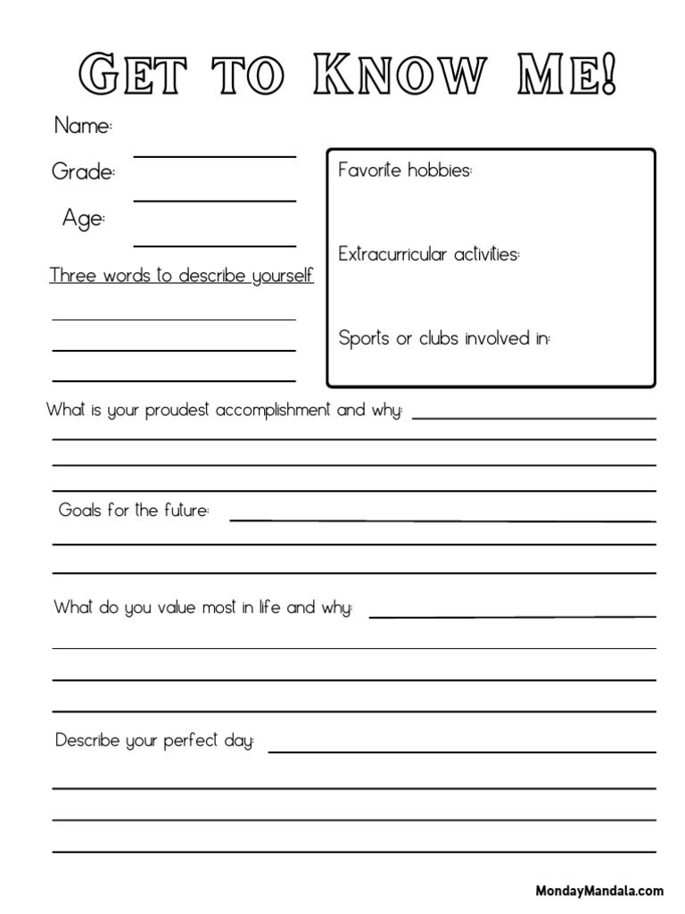 Get to Know Me Worksheet for High School | PDF