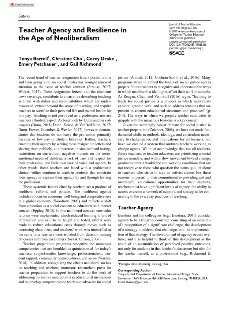 Bartell Et Al 2019 Teacher Agency and Resilience in The Age of ...