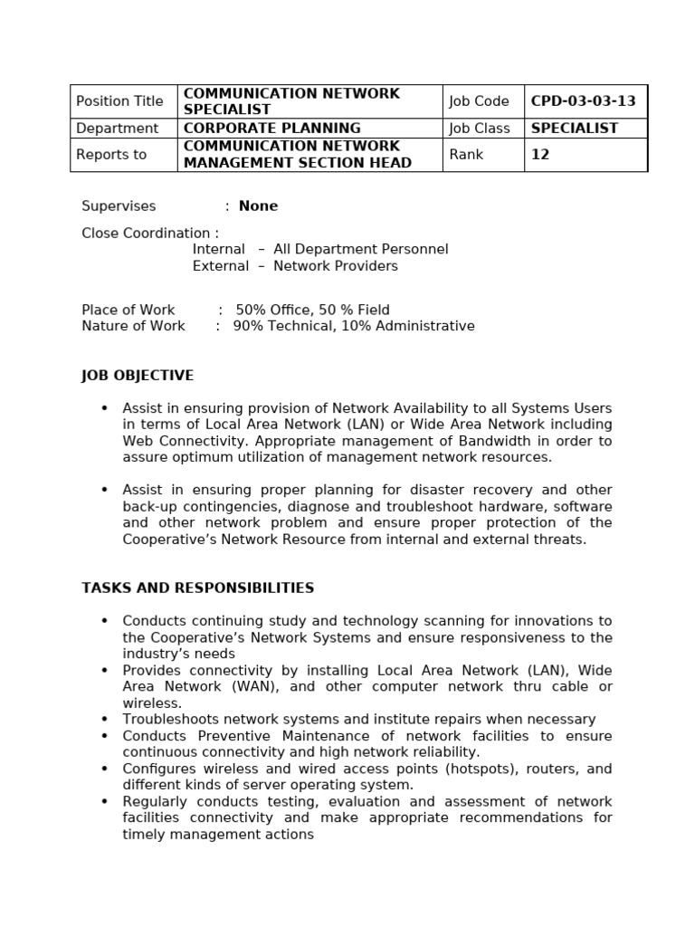 Communication Network Specialist Pdf